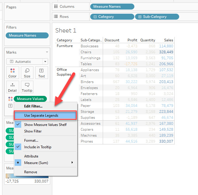 How To Give Measure Values Separate Color Legends Tableau Software