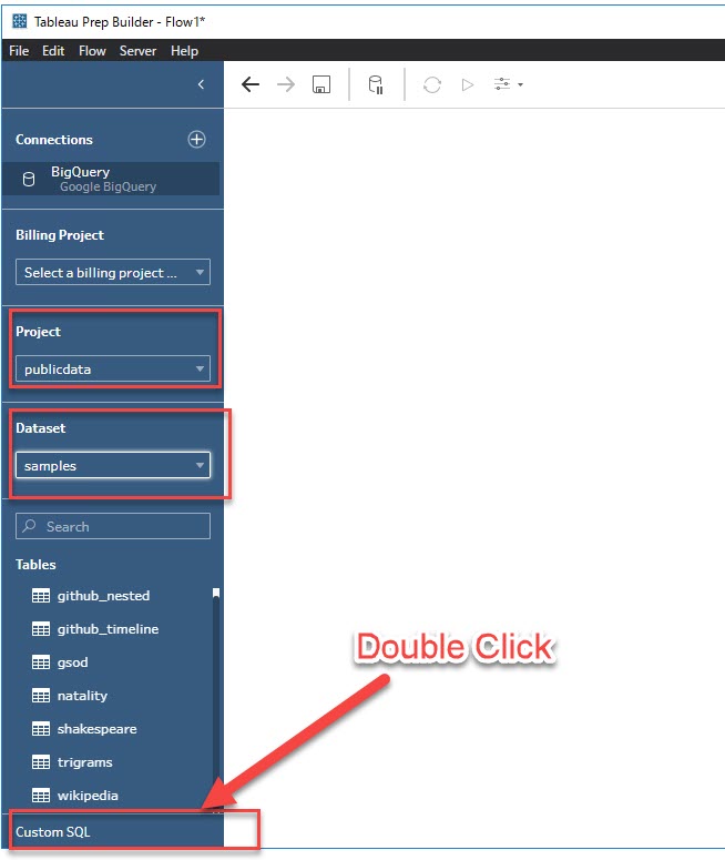 Search And Select For A Specific Project Or Dataset When Connecting To