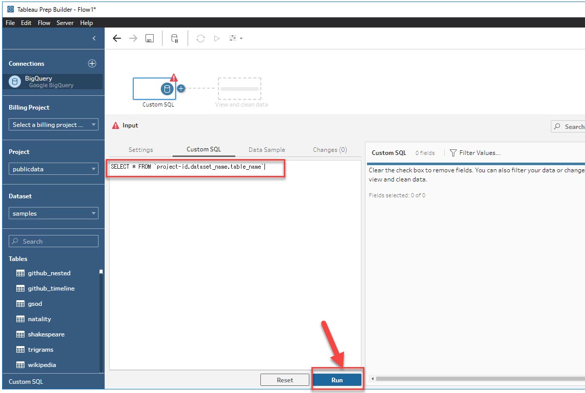 Search And Select For A Specific Project Or Dataset When Connecting To
