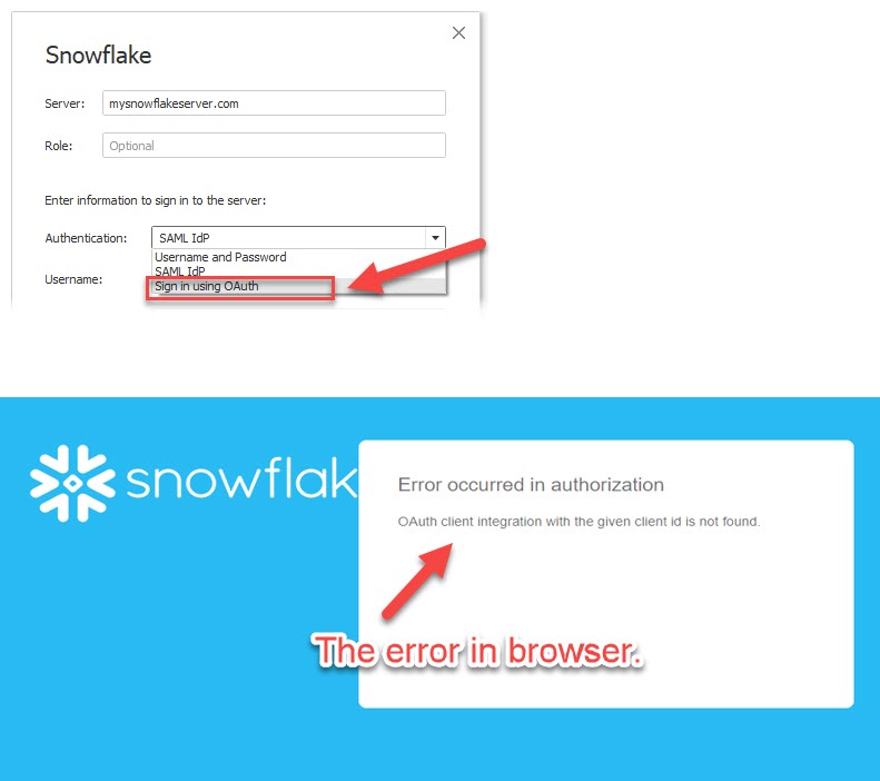 使用 Oauth 身份验证连接到 Snowflake 时，出现错误找不到具有给定客户端 Id 的 Oauth 客户端集成 Tableau Software
