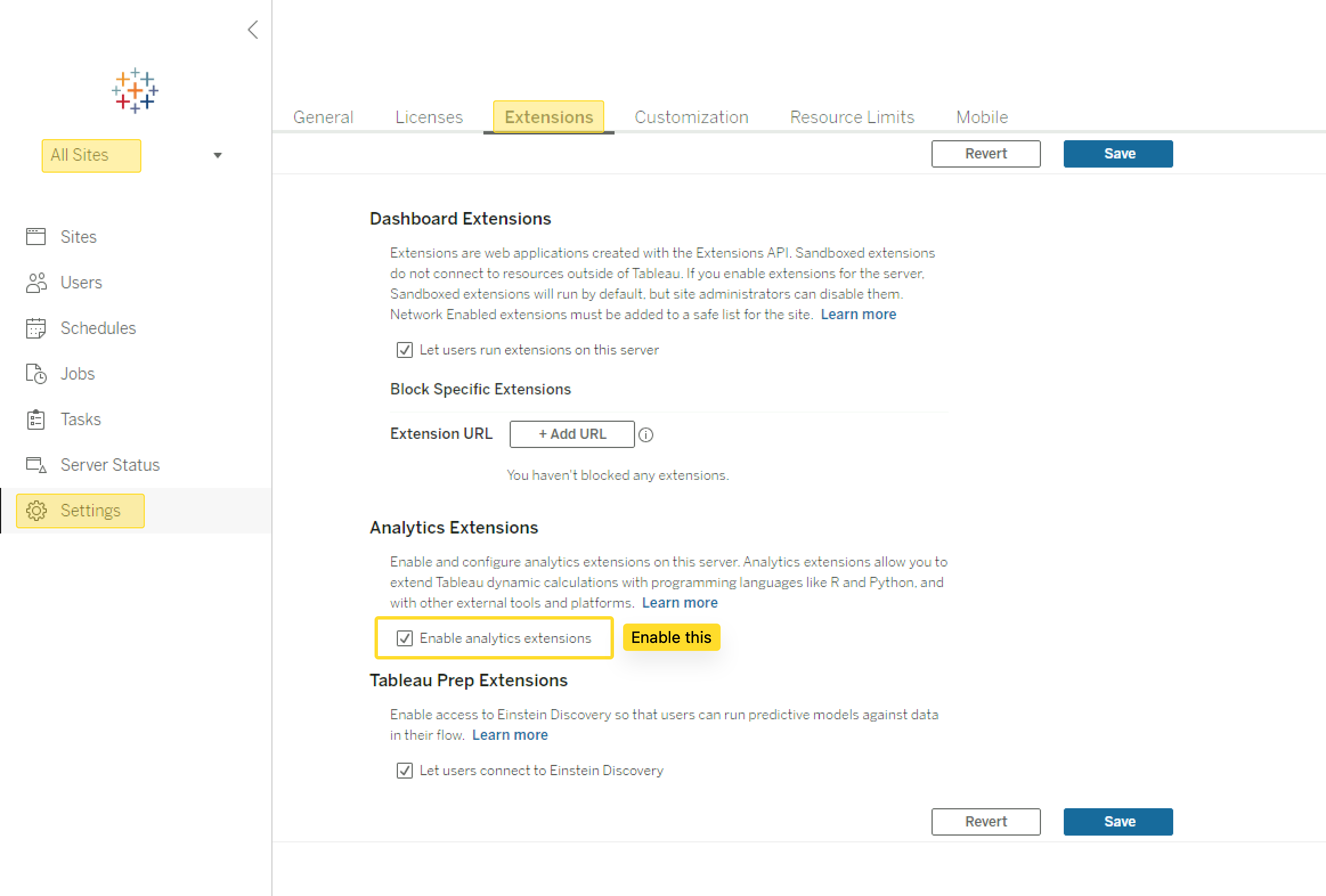 Enable Analytics Extensions For This Site Is Greyed Out On Tableau